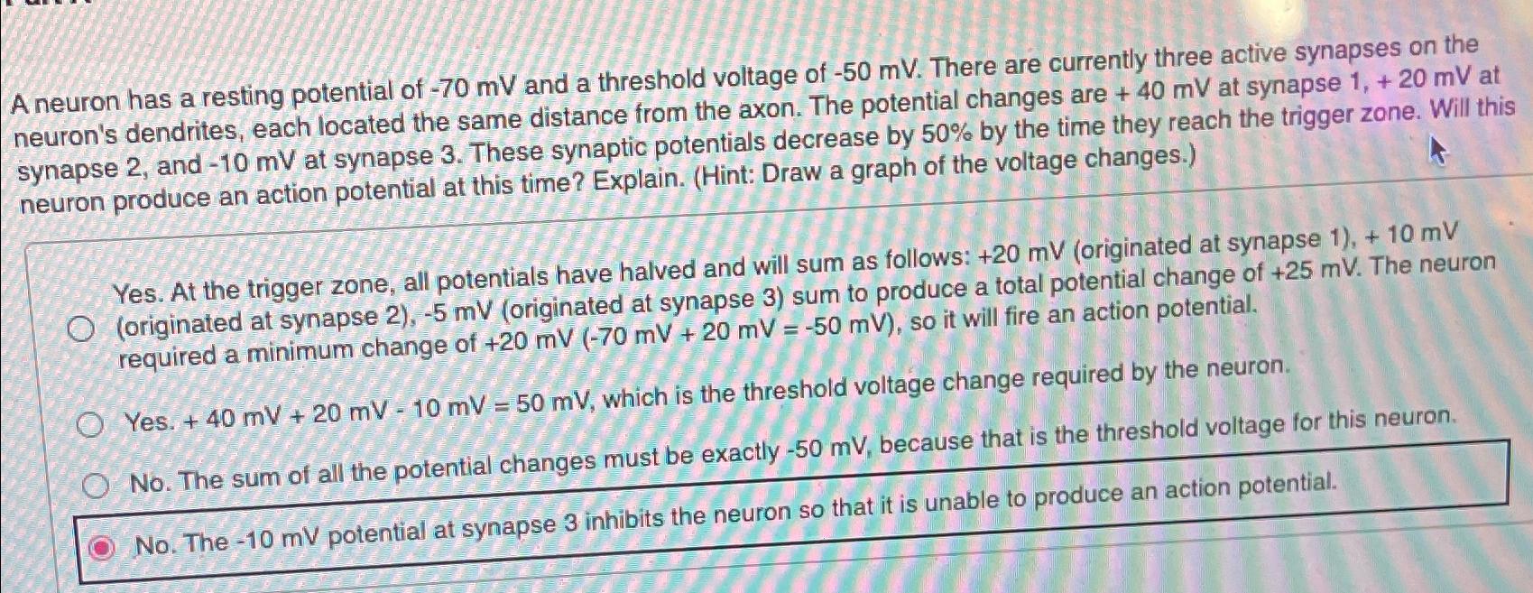 Solved A neuron has a resting potential of -70mV ﻿and a | Chegg.com