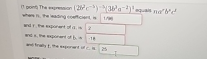 Solved (1 ﻿point) ﻿The expression (2b2c-5)-5(3b3a-2)1 | Chegg.com