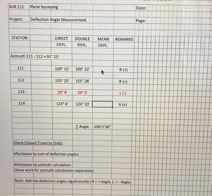 Solved SUR 111 Plane Surveying Date: Project: Deflection | Chegg.com