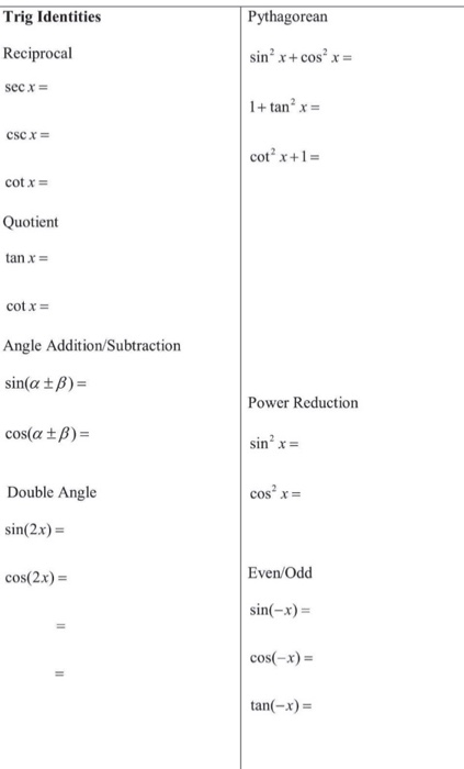 Solved Trig Identities Pythagorean Reciprocal sin?x+cos x = | Chegg.com