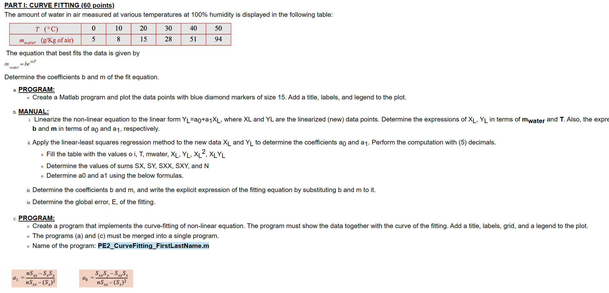Solved PART I: CURVE FITTING (60 ﻿points).The amount of | Chegg.com