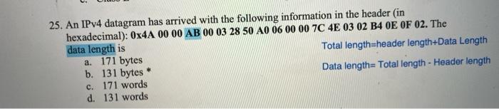 Solved 25. An IPv4 datagram has arrived with the following | Chegg.com