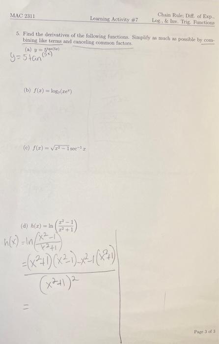 Solved 5. Find the derivatives of the following functions. | Chegg.com