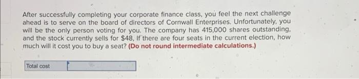 Solved After successfully completing your corporate finance | Chegg.com