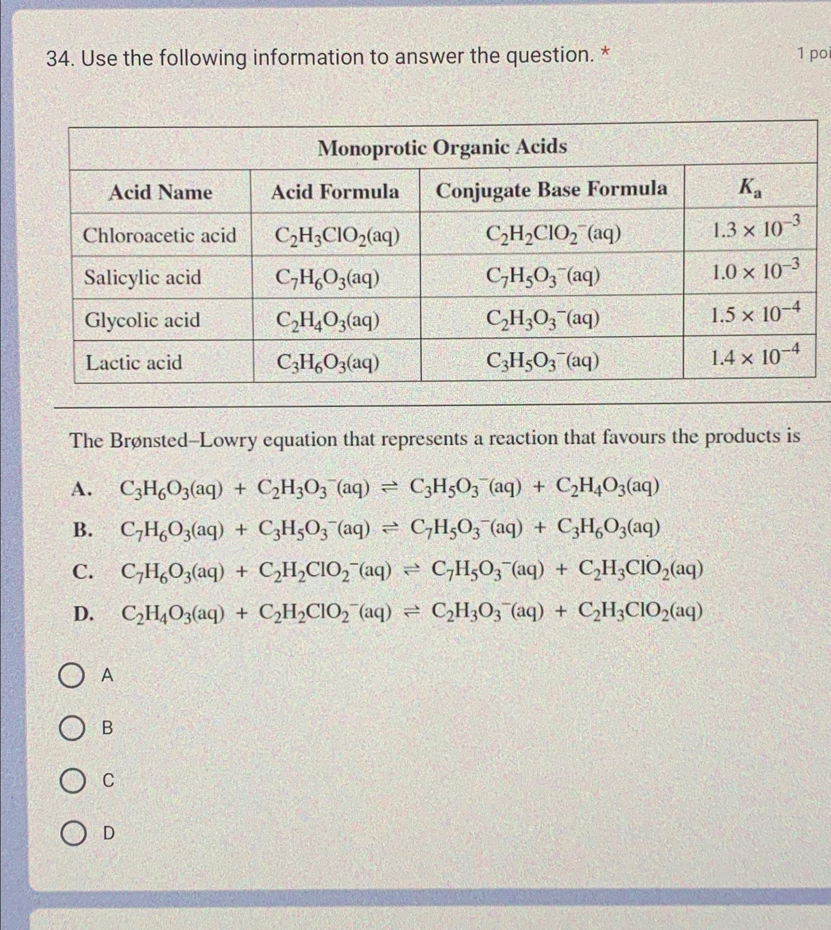 Solved Use the following information to answer the question. | Chegg.com