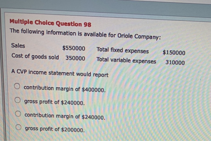 Solved Multiple Choice Question 98 The following information | Chegg.com