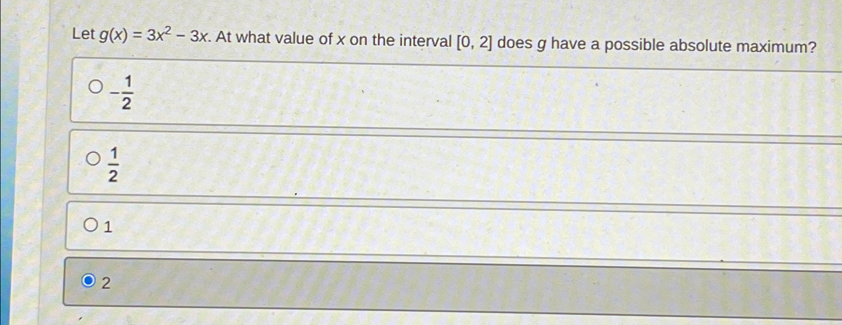 Solved Let g(x)=3x2-3x. ﻿At what value of x ﻿on the interval | Chegg.com