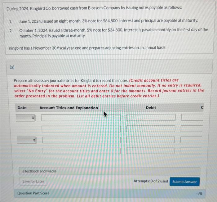 Solved During 2024. Kingbird Co. borrowed cash from Blossom | Chegg.com