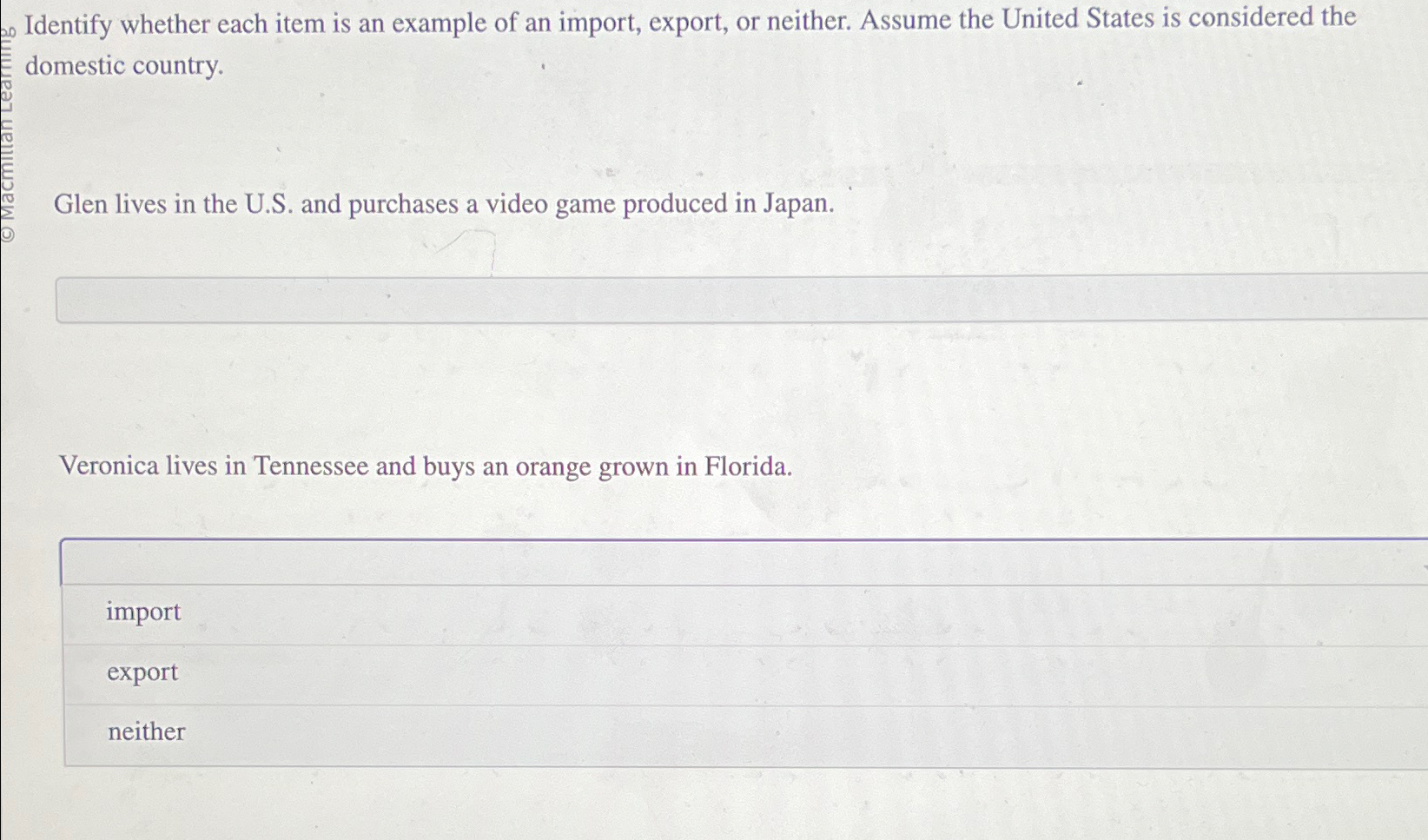 Solved Identify whether each item is an example of an | Chegg.com