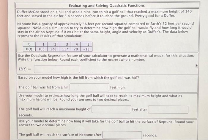 Solved Evaluating and Solving Quadratic Functions Duffer | Chegg.com