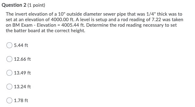 Solved Question 2 (1 point) The invert elevation of a 10" | Chegg.com