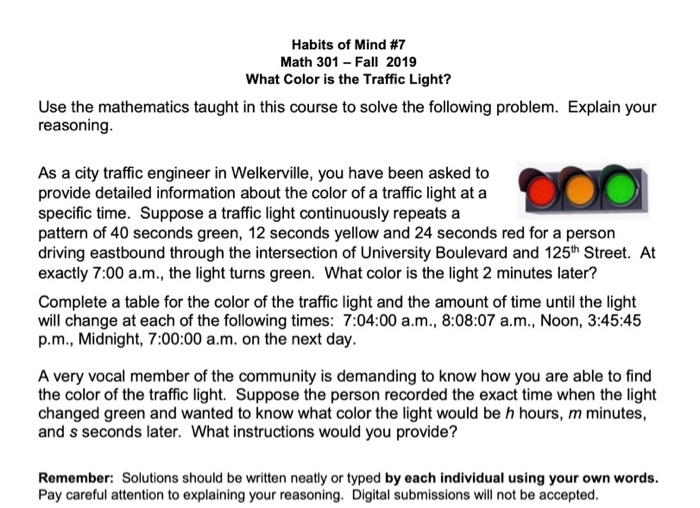 Habits of Mind #7 Math 301 Fall 2019 What Color is | Chegg.com
