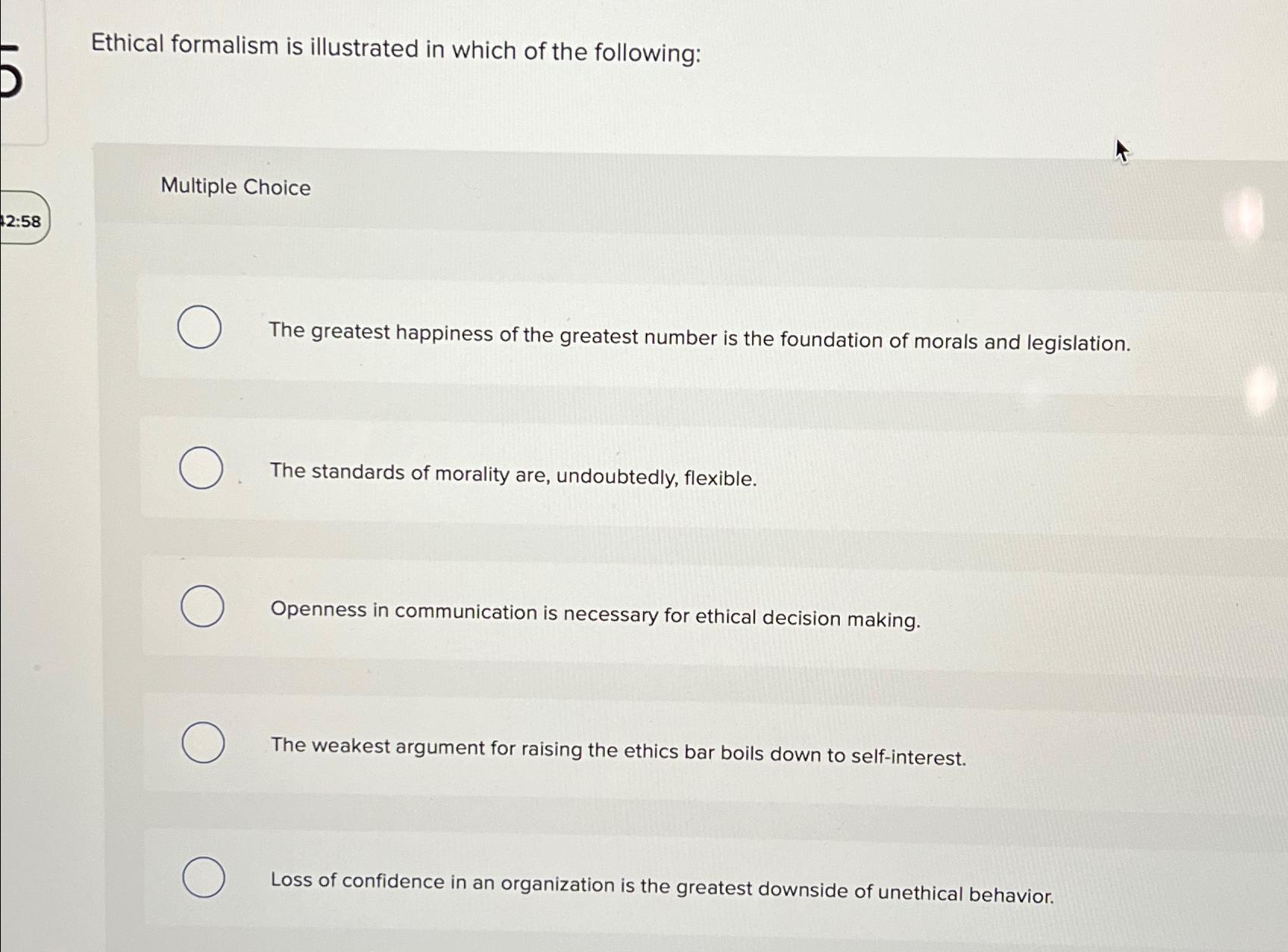 Solved Ethical formalism is illustrated in which of the | Chegg.com