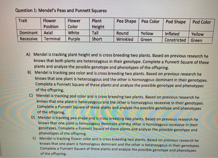 Solved Question 1: Mendel's Peas and Punnett Squares Pea | Chegg.com