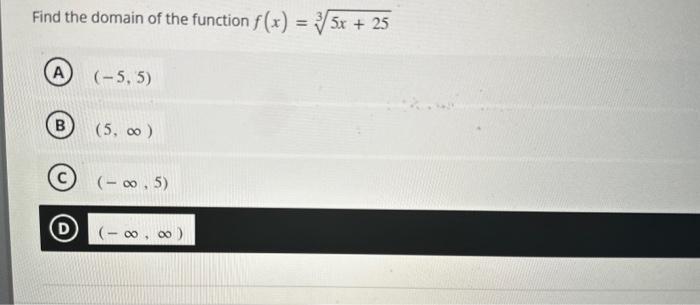 Solved Find the domain of the function f(x)=35x+25 (−5,5) | Chegg.com