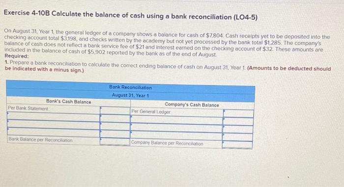 Solved Exercise 4-10B Calculate the balance of cash using a | Chegg.com