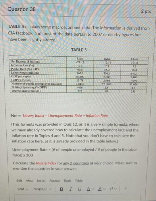 Solved TABLE 5 displays some macroeconomic data. The | Chegg.com