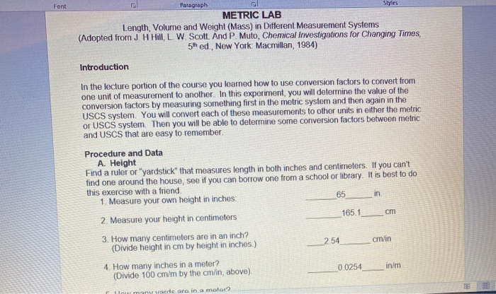 Solved Font Paragraph Styles METRIC LAB Length, Volume and | Chegg.com