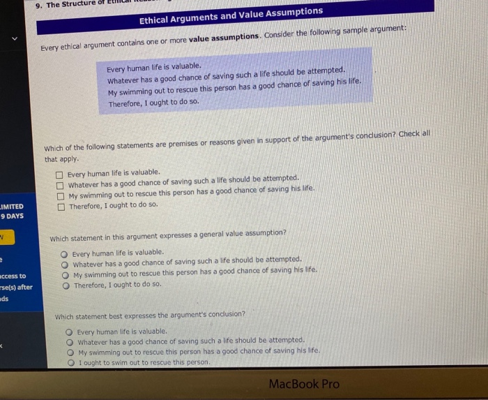 Solved 9. The Structure of ELLA Ethical Arguments and Value | Chegg.com
