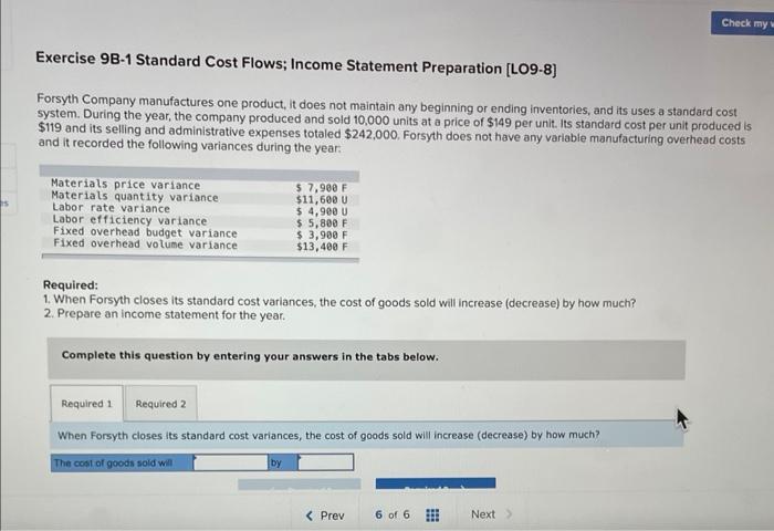 Solved Exercise 9B-1 Standard Cost Flows; Income Statement | Chegg.com