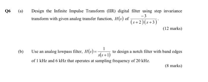 Solved Q6 (a) Design the Infinite Impulse Transform (IIR) | Chegg.com