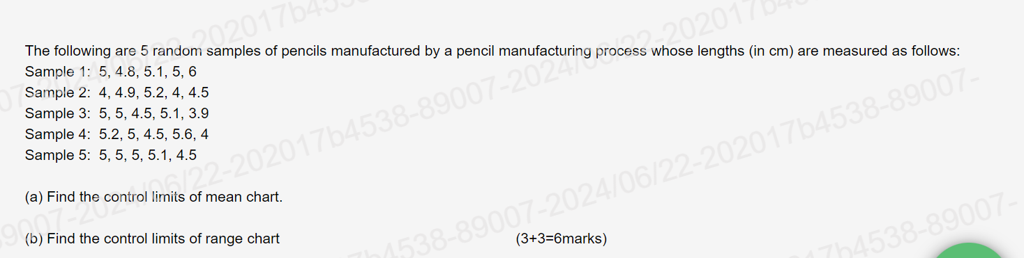 Solved The following are 5 ﻿random samples of pencils | Chegg.com