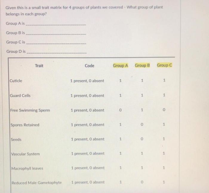 Solved Given this is a small trait matrix for 4 groups of | Chegg.com