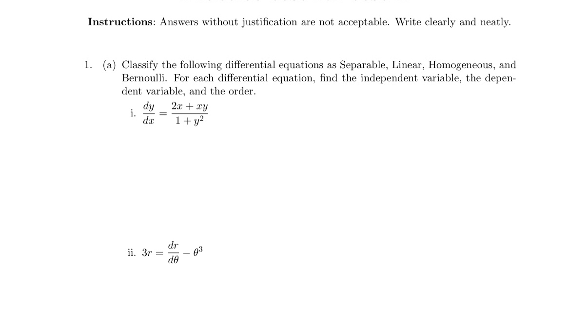 Solved (a) ﻿Classify the following differential equations as | Chegg.com