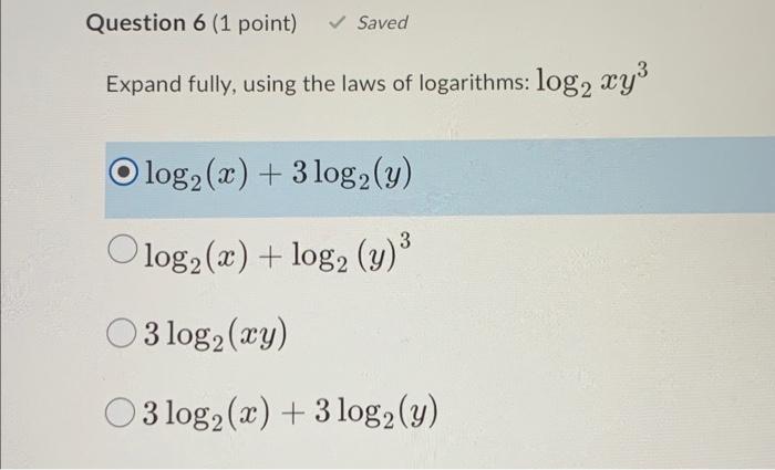 Solved Expand fully, using the laws of logarithms: log2xy3 | Chegg.com