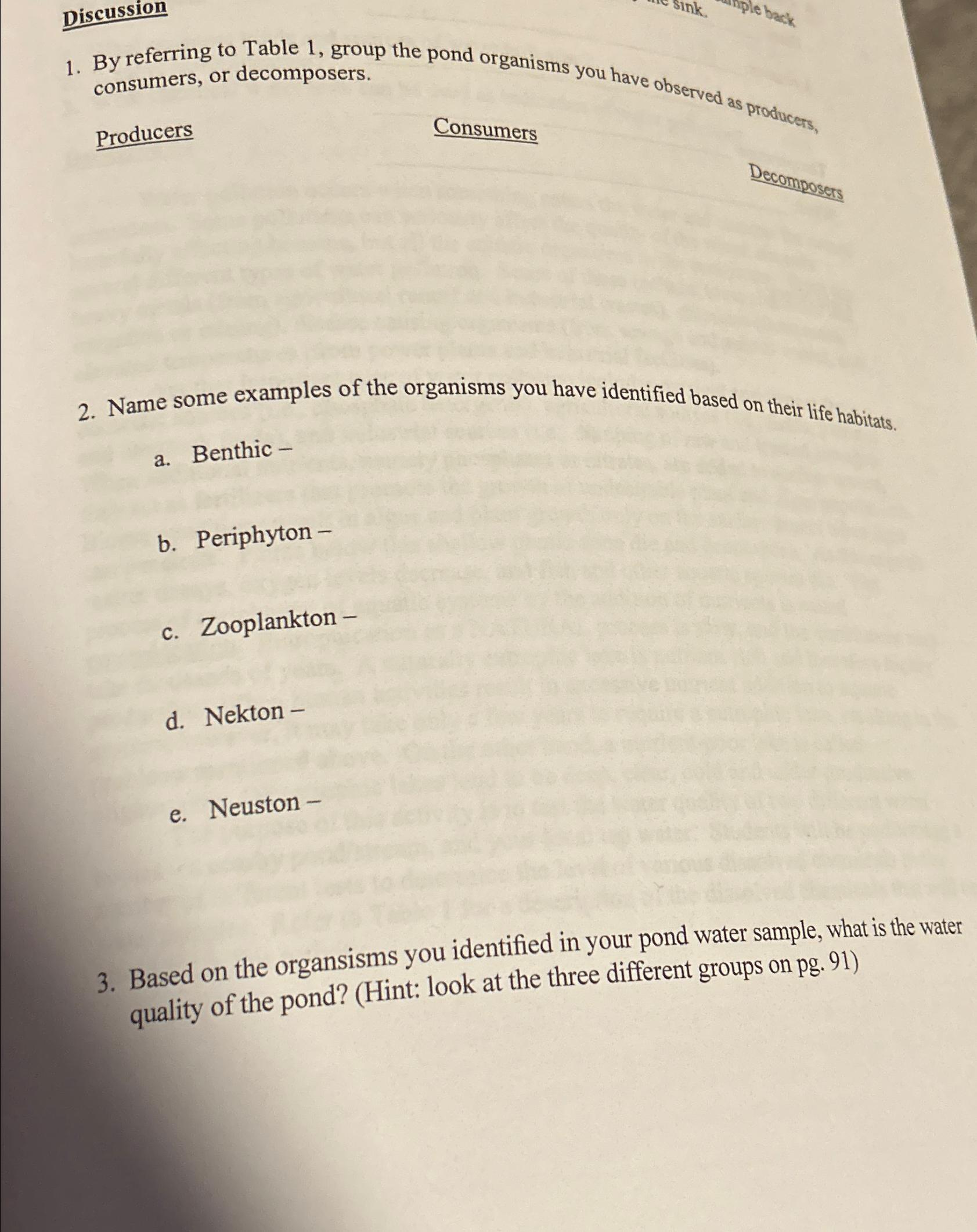Solved DiscussionBy referring to Table 1, ﻿group the pond | Chegg.com