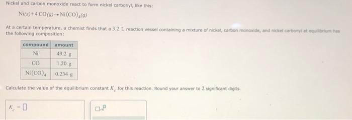 Solved Nickel and carbon monoxide react to form nickel | Chegg.com