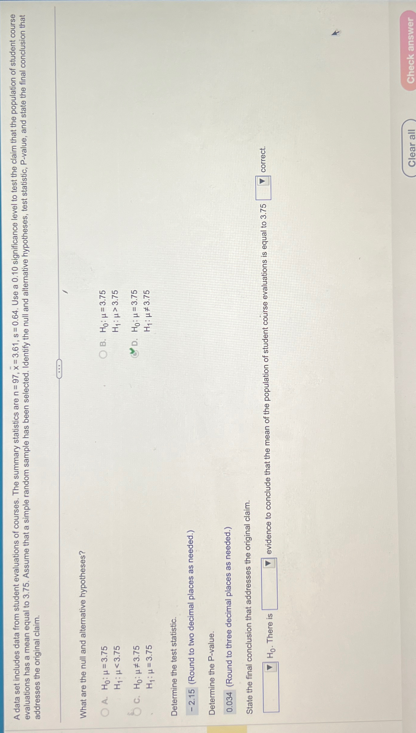 Solved A data set includes data from student evaluations of | Chegg.com
