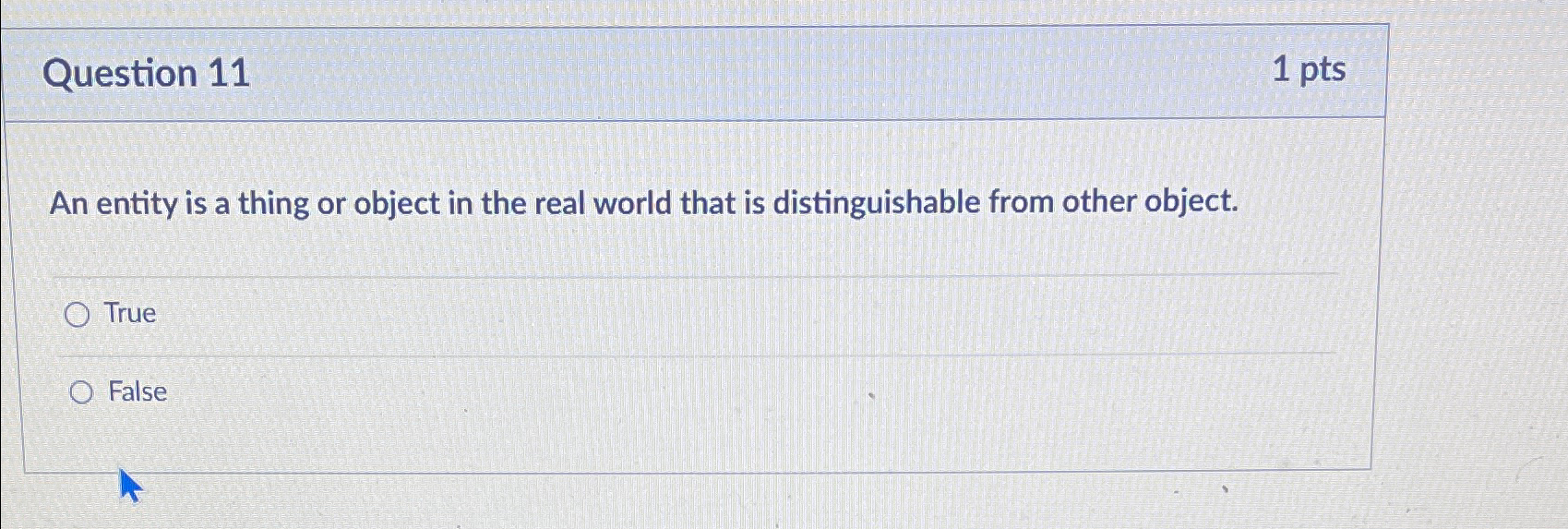 Solved Question 111ptsAn entity is a thing or object in the | Chegg.com