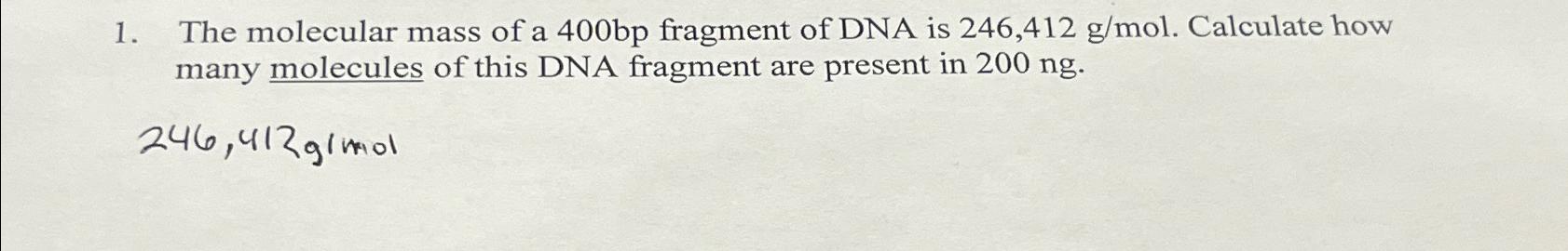 Solved The molecular mass of a 400bp ﻿fragment of DNA is | Chegg.com