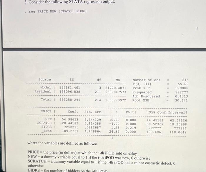 Solved 3. Consider the following STATA regression output: | Chegg.com