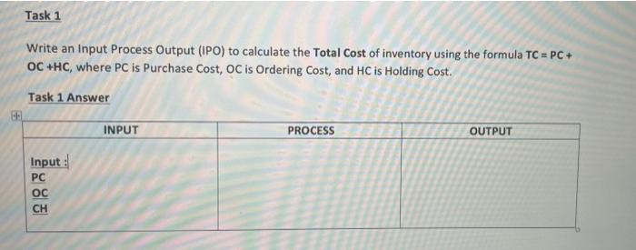 Solved Task 1 Write an Input Process Output (IPO) to | Chegg.com