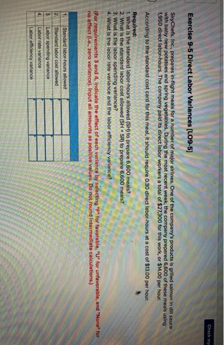 Solved Check my Exercise 9-5 Direct Labor Variances (LO9-5) | Chegg.com Solved Check my Exercise 9-5 Direct Labor Variances (LO9-5) | Chegg.com