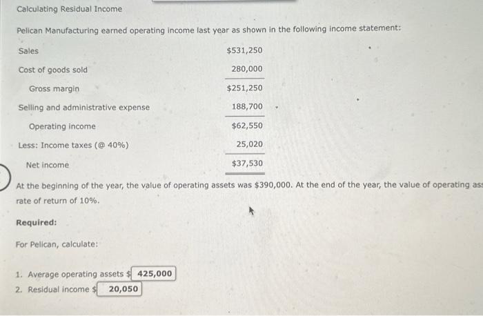 Solved Calculating Residual Income Pelican Manufacturing | Chegg.com