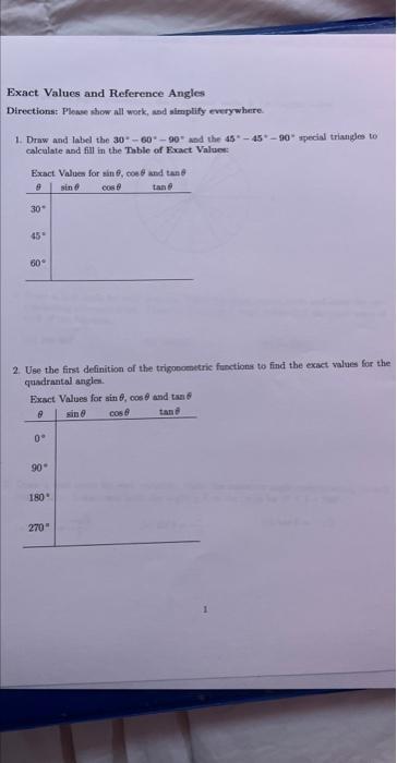 Solved Exact Values and Reference Angles Directions: Plowe | Chegg.com