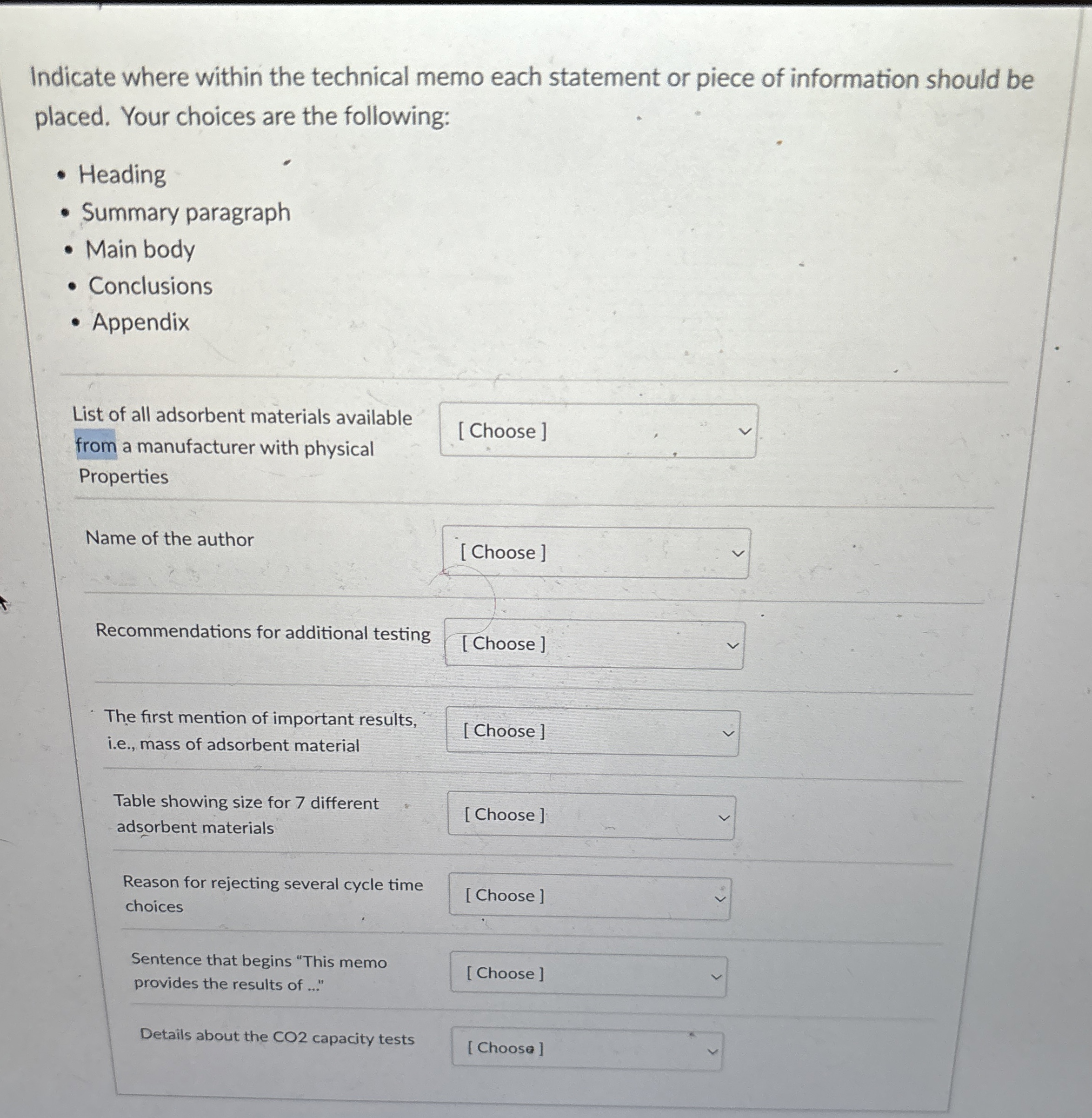 Solved Indicate where within the technical memo each | Chegg.com