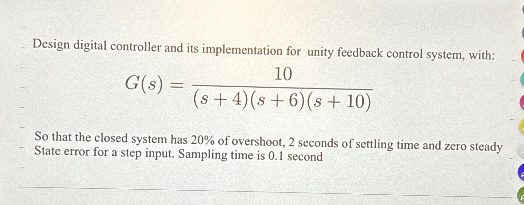 Solved Design digital controller and its implementation for | Chegg.com