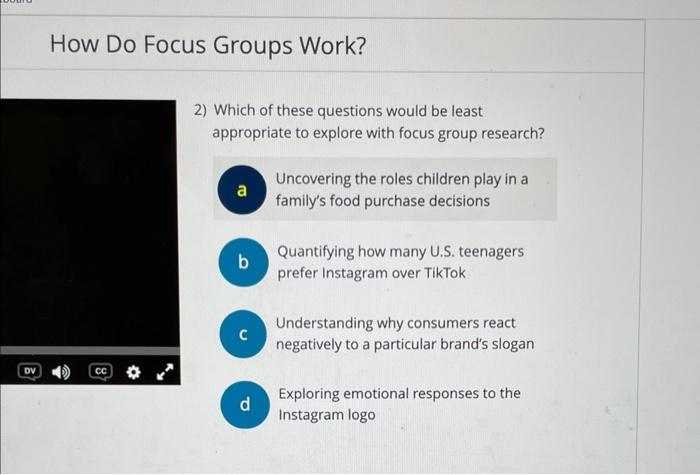 Solved 1) Focus groups are a type of research. exploratory | Chegg.com