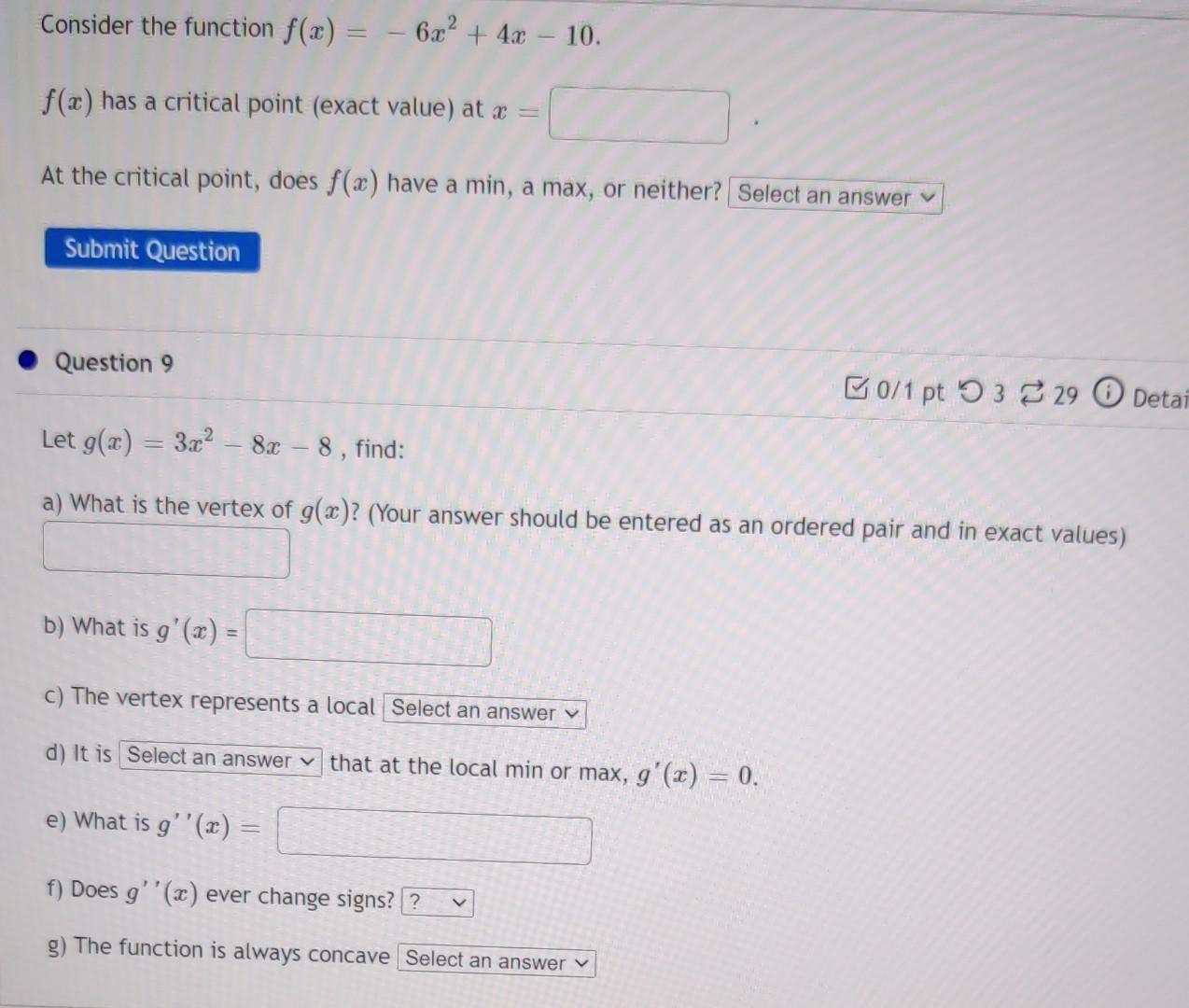 Solved Consider the function f(x) = - 6x2 + 4x - 10. f(x) | Chegg.com