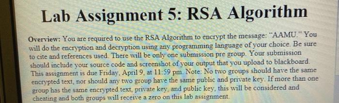 Solved Lab Assignment 5: RSA Algorithm Overview: You are | Chegg.com
