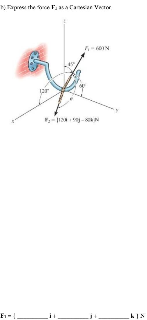 Solved b) Express the force F1 as a Cartesian Vector. Fi = | Chegg.com