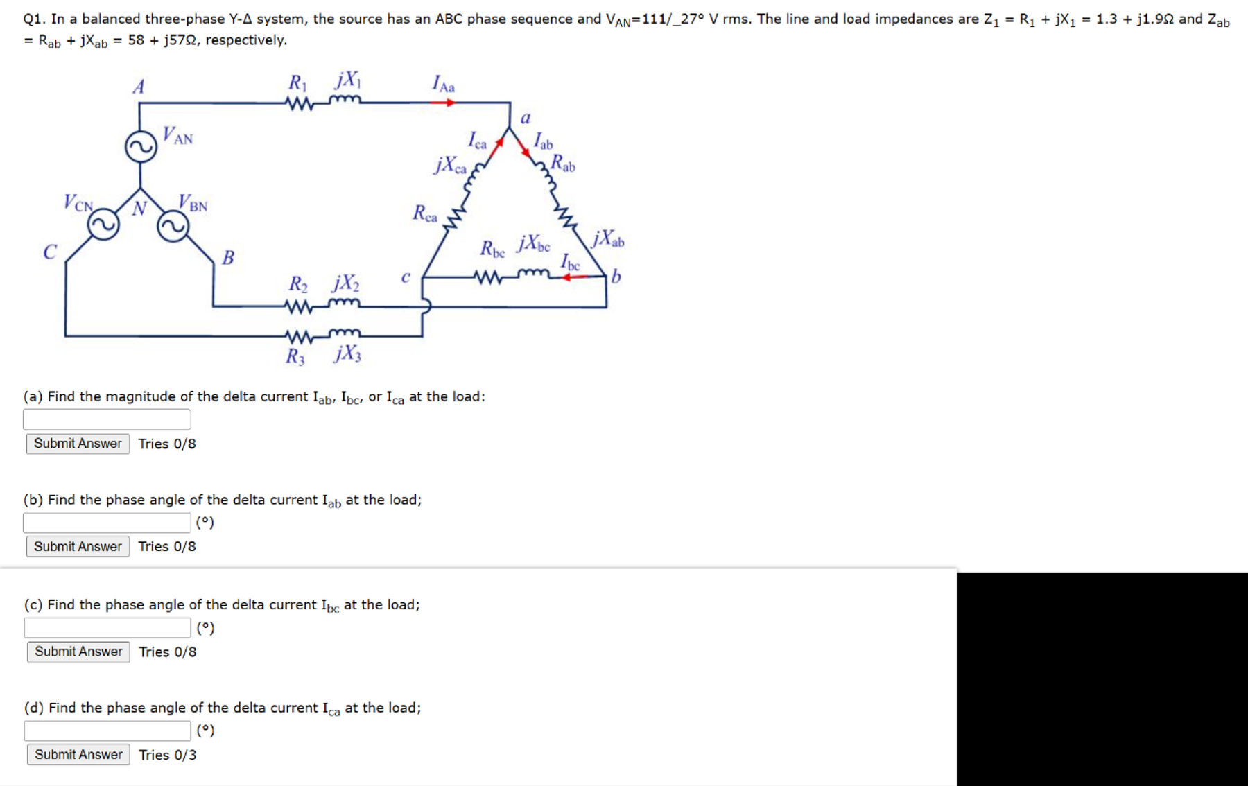 Solved Q1. ﻿In a balanced three-phase Y-Δ ﻿system, the | Chegg.com
