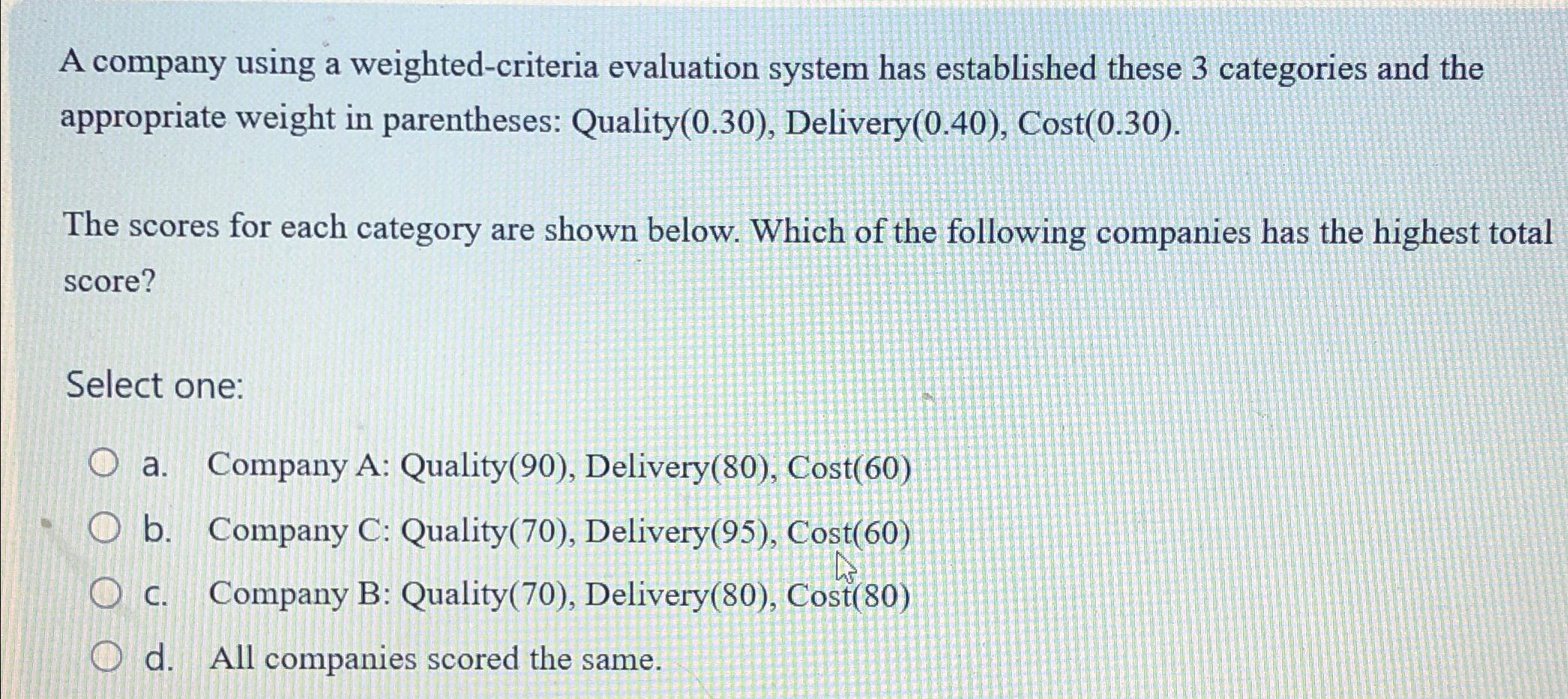 Solved A company using a weighted-criteria evaluation system | Chegg.com