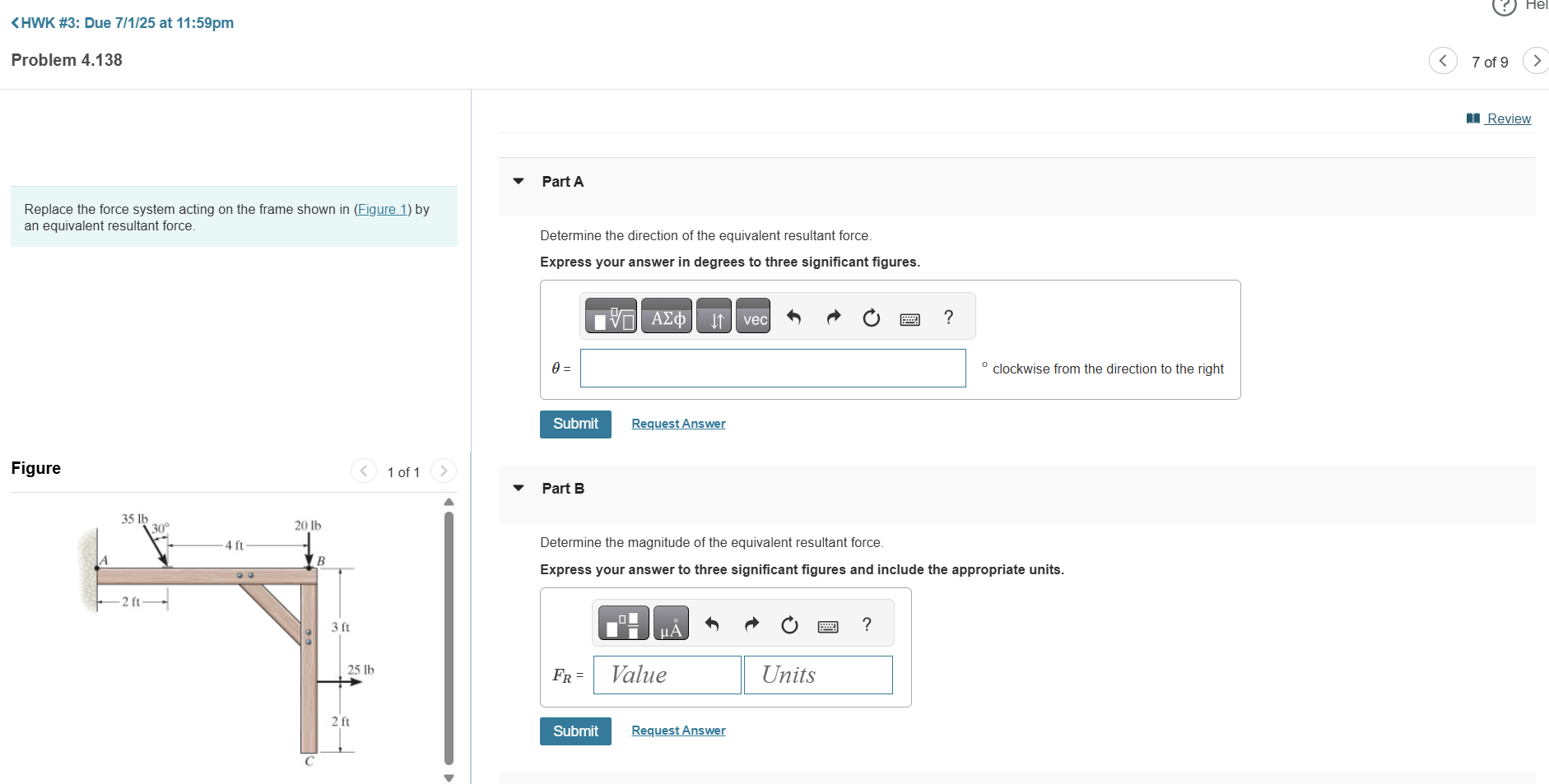 Solved Part BReplace the force system acting on the frame | Chegg.com
