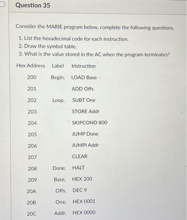 Solved Question 35 Consider the MARIE program below, | Chegg.com