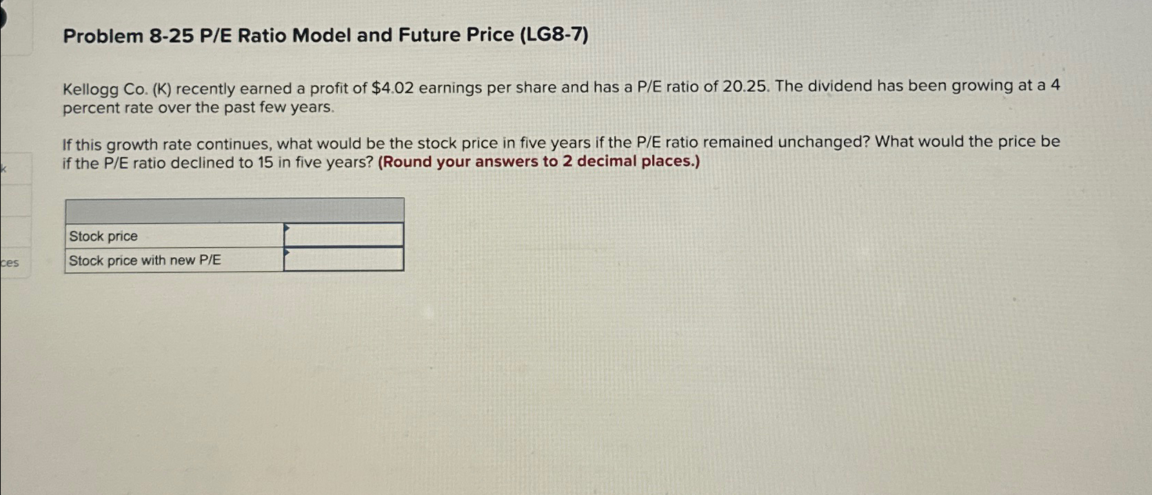 Solved Problem 8-25 P/E Ratio Model and Future Price | Chegg.com Solved Problem 8-25 P/E Ratio Model and Future Price | Chegg.com